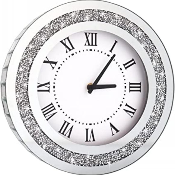 Wall Decor | Silver Round Mirror Clock 12inch Crystal Sparkle Twinkle ...